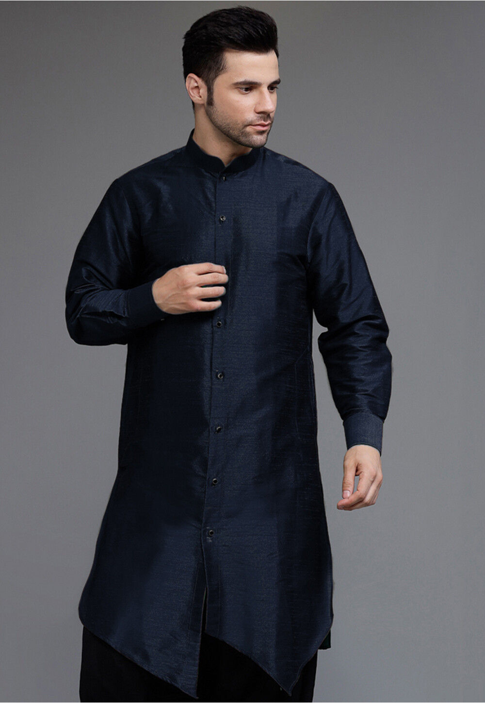 Buy Solid Color Art Silk Asymmetric Kurta Set in Navy Blue Online ...