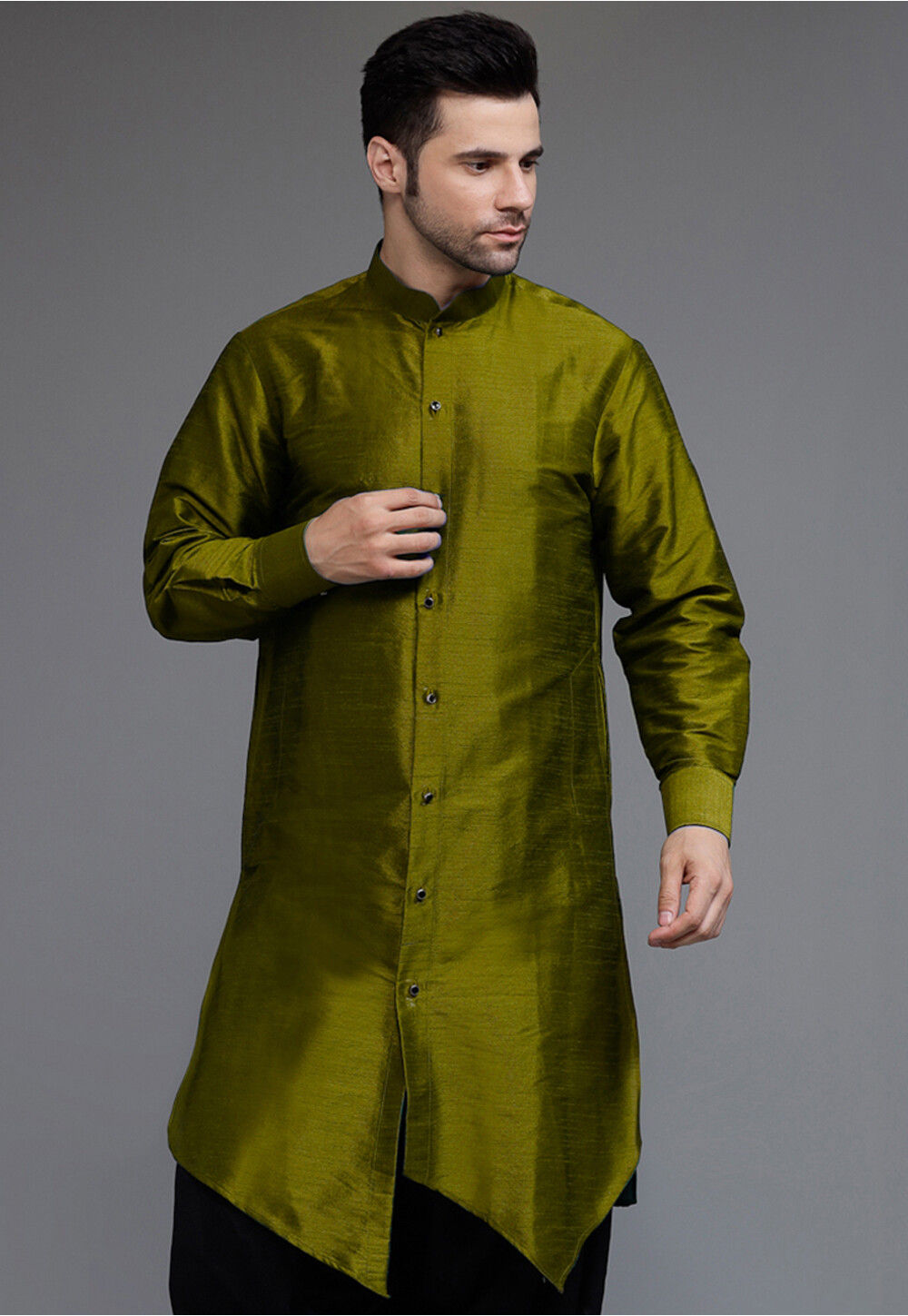 Buy Solid Color Art Silk Asymmetric Kurta Set in Olive Green Online ...