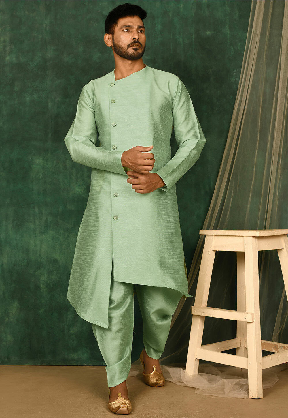 Buy Solid Color Art Silk Asymmetric Sherwani in Pastel Green Online ...