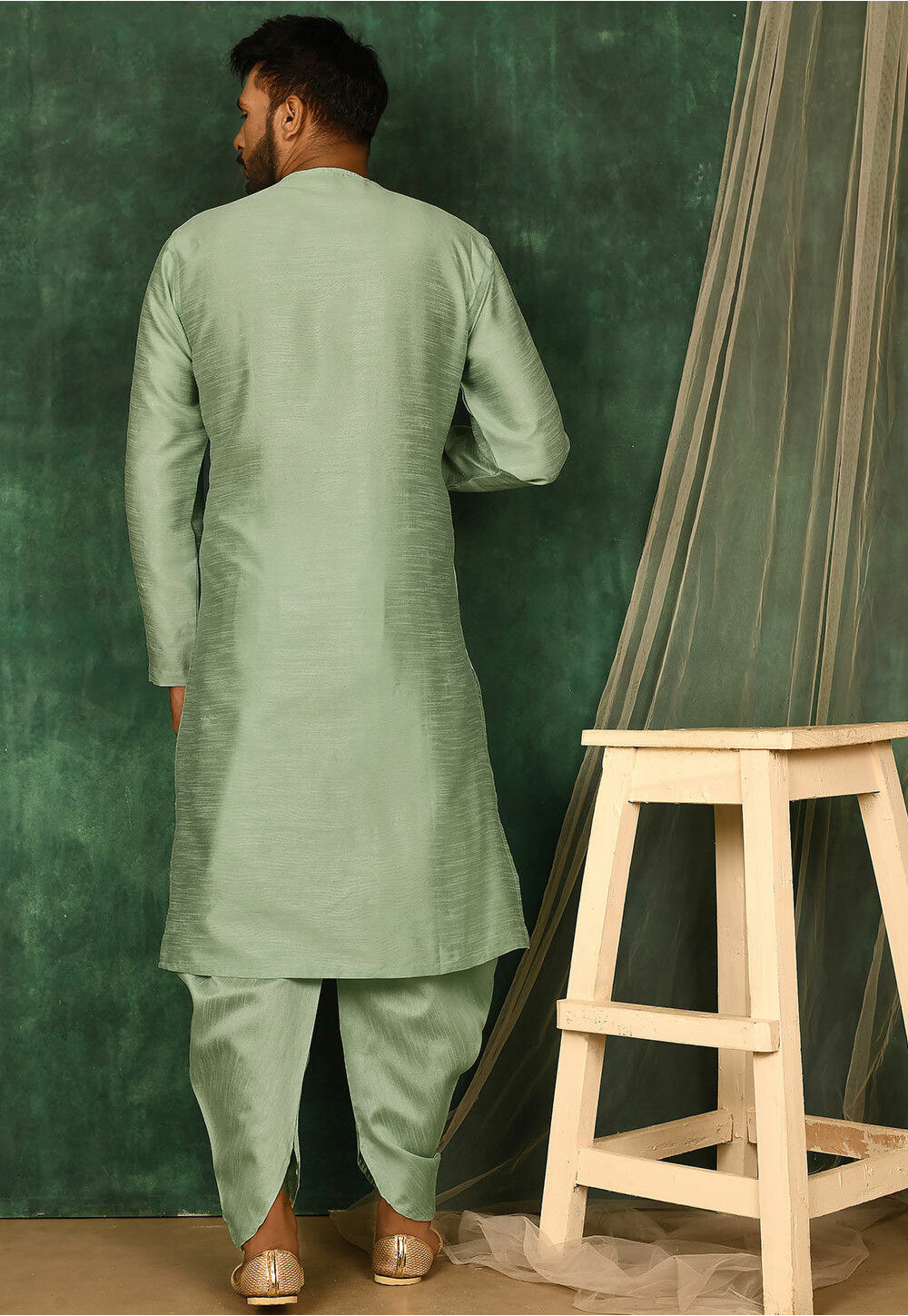 Buy Solid Color Art Silk Asymmetric Sherwani in Pastel Green Online ...