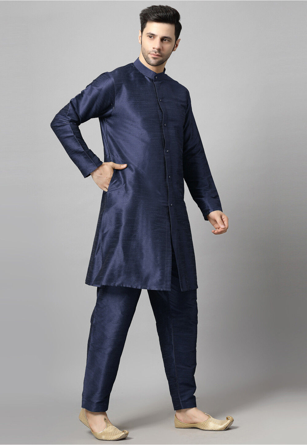 Buy Solid Color Art Silk Front Slit Kurta Set in Navy Blue Online ...