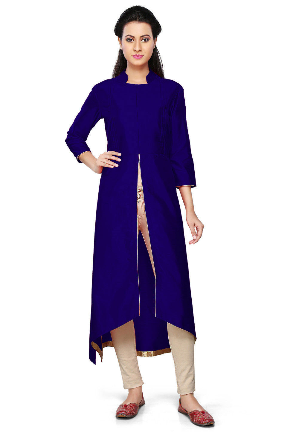 Buy Solid Color Art Silk Front Slit Kurta Set in Navy Blue Online ...