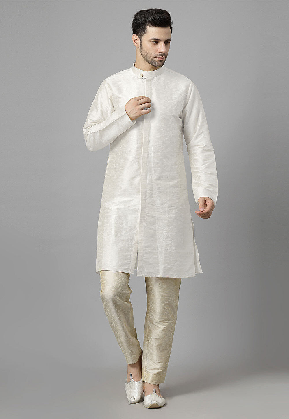 Buy Solid Color Art Silk Front Slit Kurta Set in White Online : MXX1482 ...