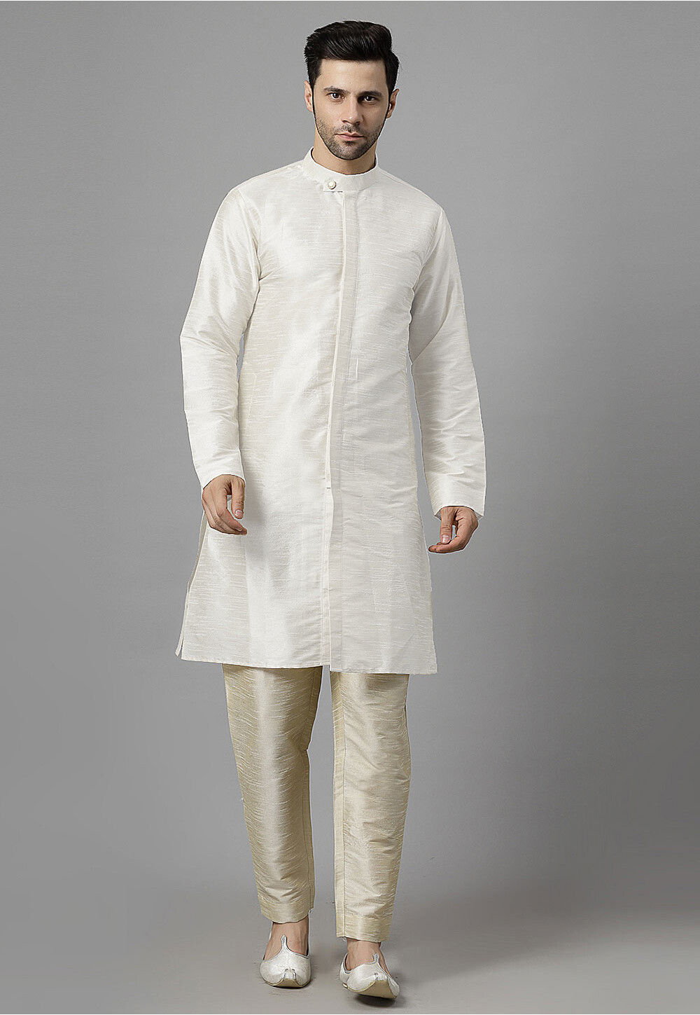 Buy Solid Color Art Silk Front Slit Kurta Set in White Online : MXX1482 ...
