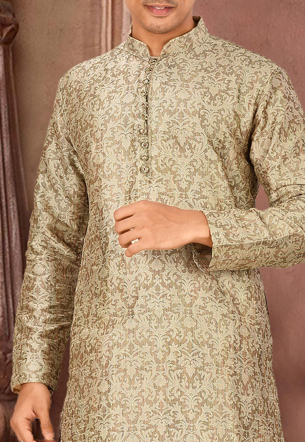 Buy Solid Color Art Silk Jacquard Kurta Set in Beige Online : MLC923 ...