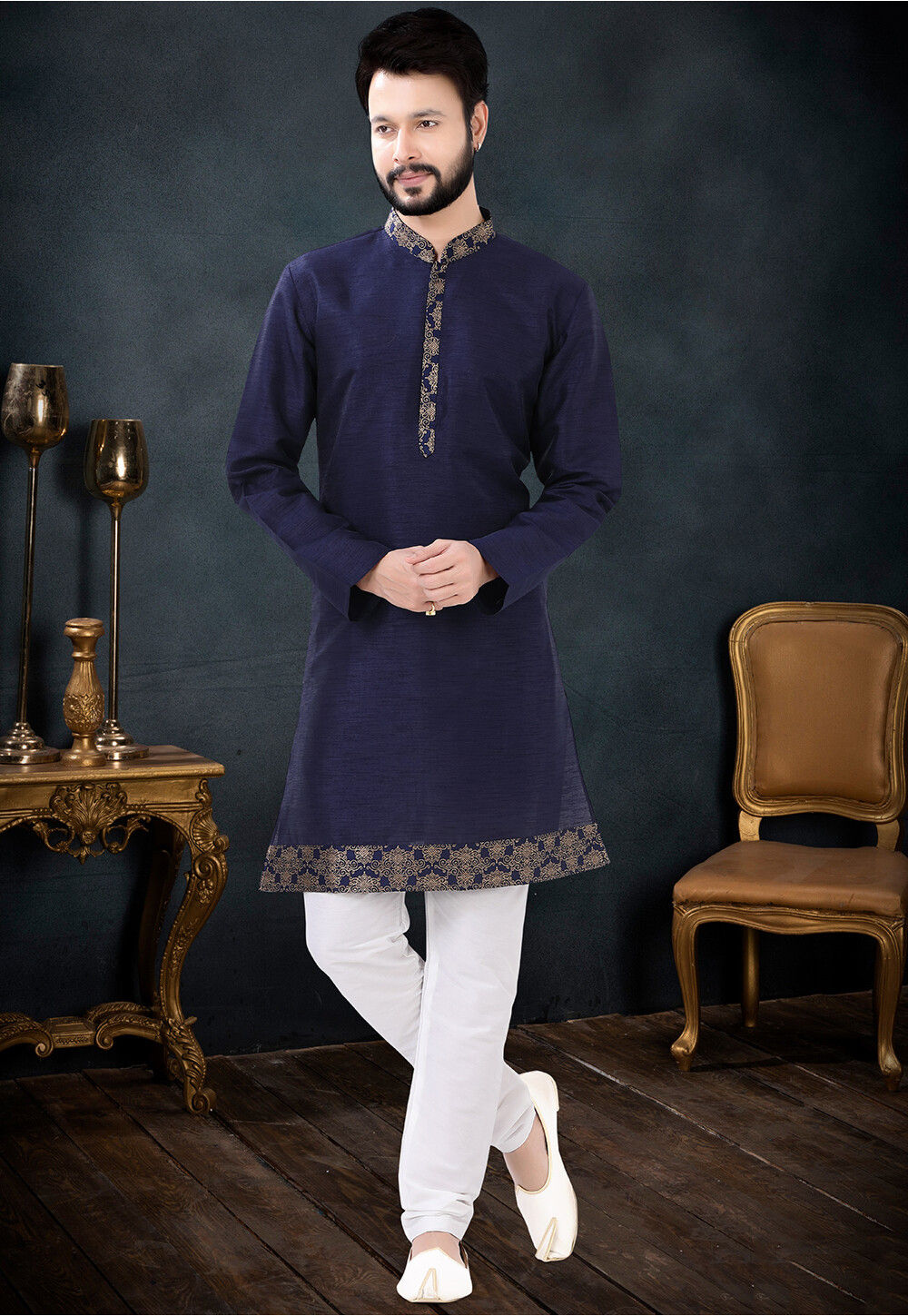 Buy Solid Color Art Silk Kurta Set in Navy Blue Online : MUY747 - Utsav ...