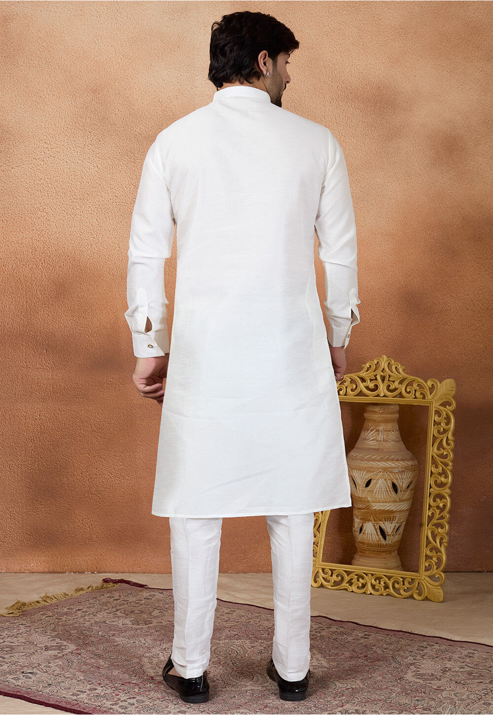 Buy Solid Color Art Silk Kurta Set in Off White Online : MLY3351 ...