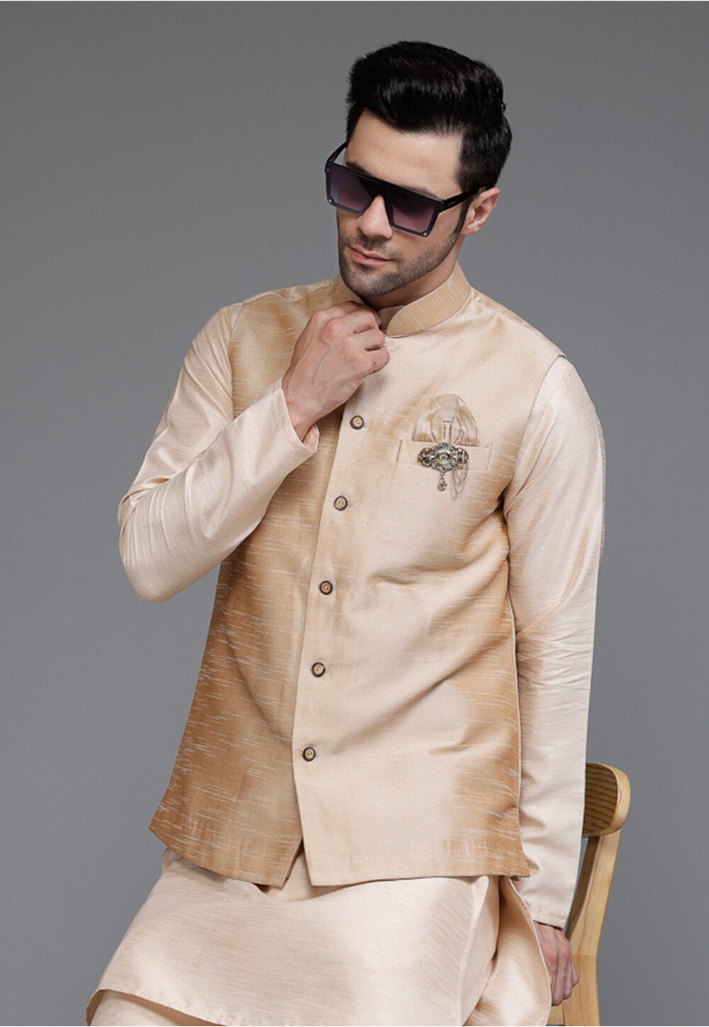 Buy Solid Color Art Silk Nehru Jacket in Beige Online : MXX371 - Utsav Fashion