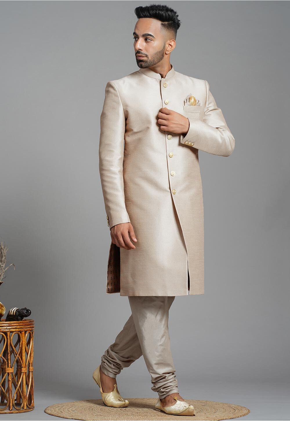 Buy Solid Color Art Silk Sherwani in Fawn Online : MTE2431 - Utsav Fashion