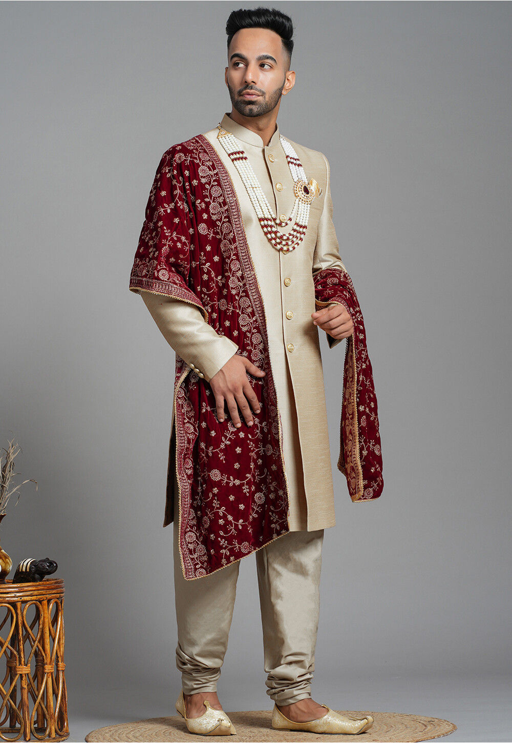 Buy Solid Color Art Silk Sherwani in Fawn Online : MTE2431 - Utsav Fashion