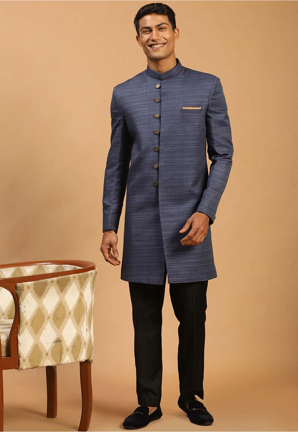 Buy Solid Color Art Silk Sherwani in Navy Blue Online : MTR3582 - Utsav ...
