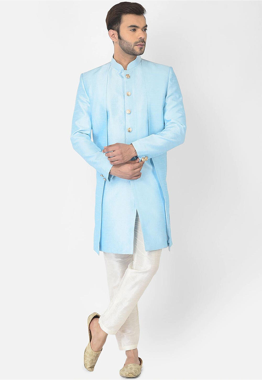 Buy Solid Color Art Silk Sherwani in Sky Blue Online : MMQ1303 - Utsav ...