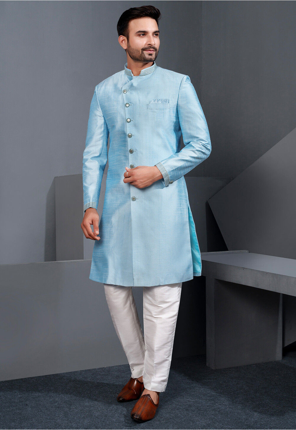 Buy Solid Color Art Silk Sherwani in Sky Blue Online : MSE2033 - Utsav ...
