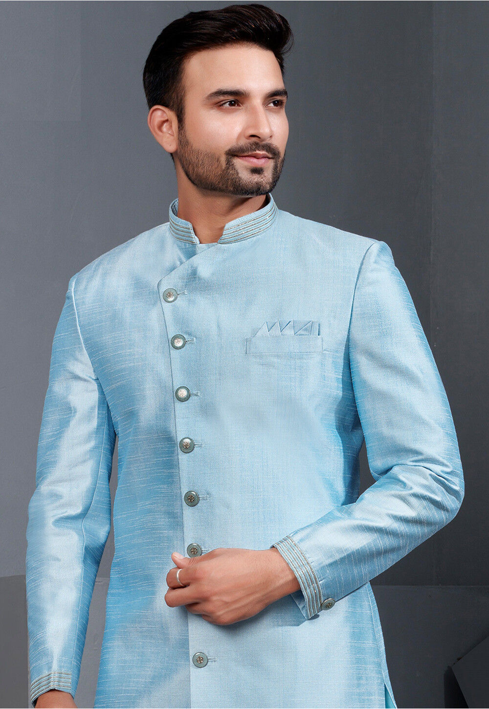 Buy Solid Color Art Silk Sherwani in Sky Blue Online : MSE2033 - Utsav ...