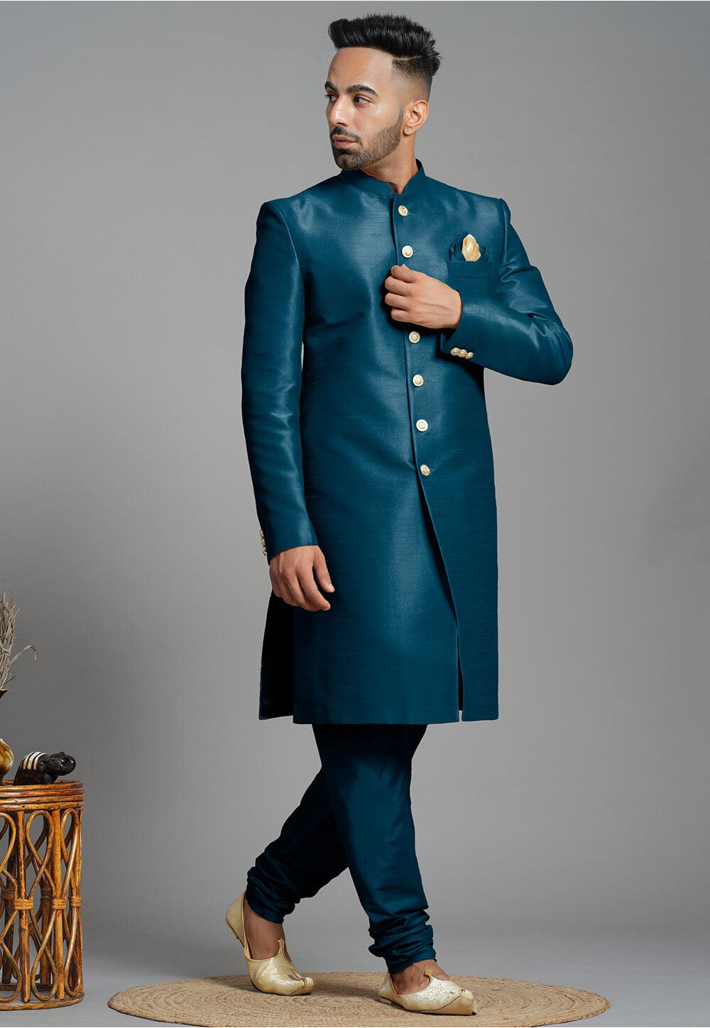 Buy Solid Color Art Silk Sherwani in Teal Blue Online : MTE2422 - Utsav ...