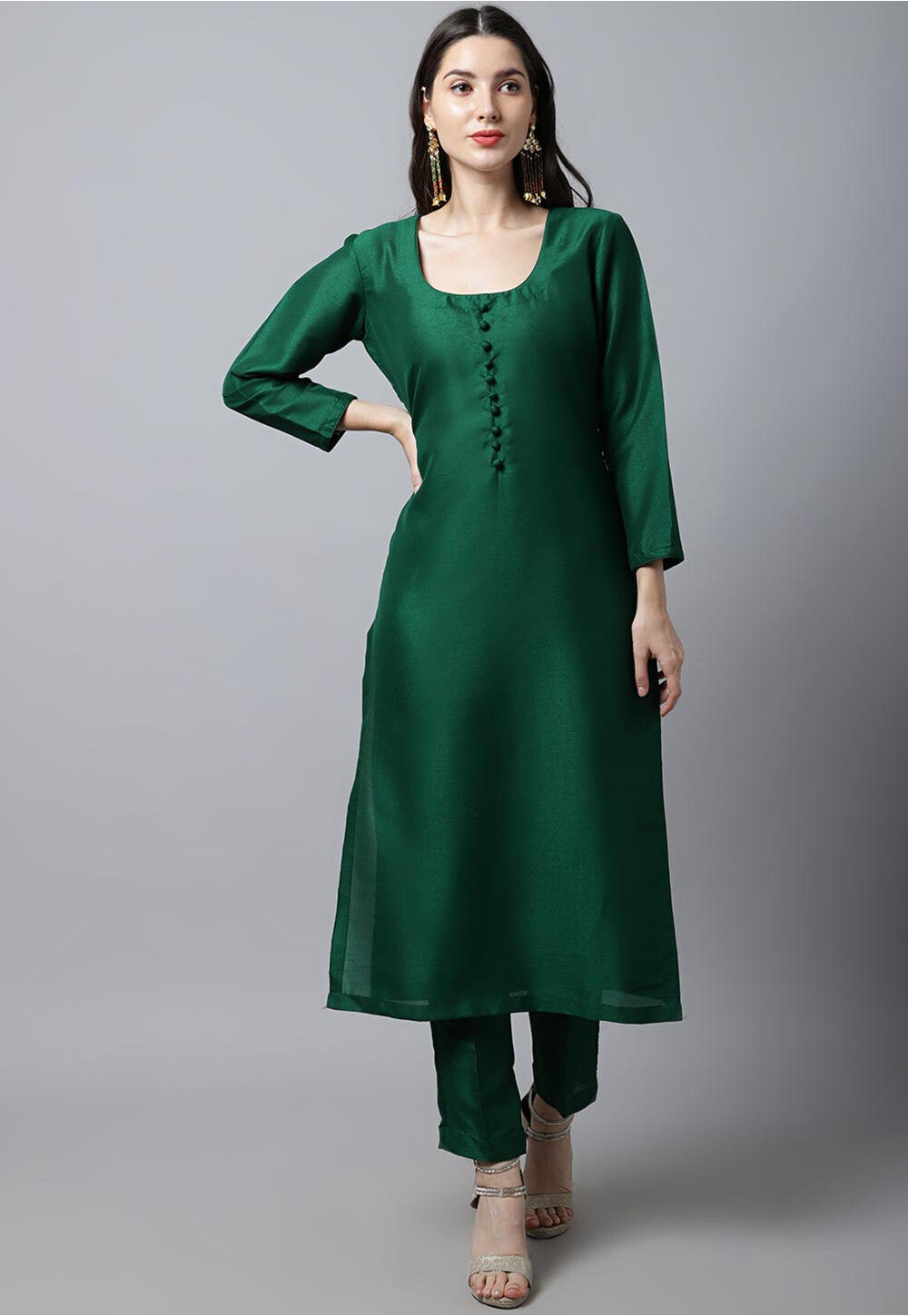Buy Solid Color Art Silk Straight Kurta Set in Dark Green Online ...