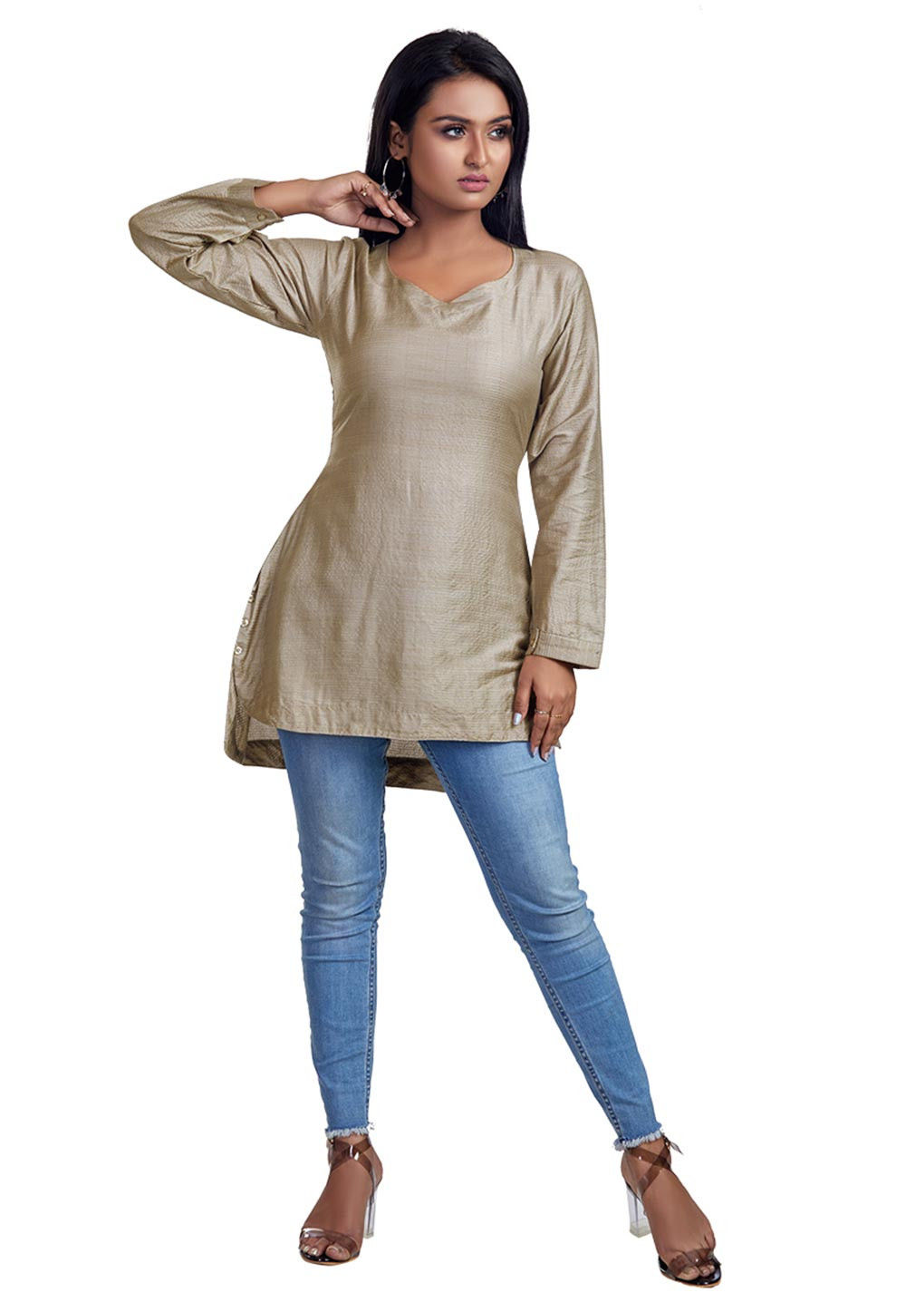 Buy Solid Color Art Silk Tunic in Light Fawn Online : TPG59 - Utsav Fashion