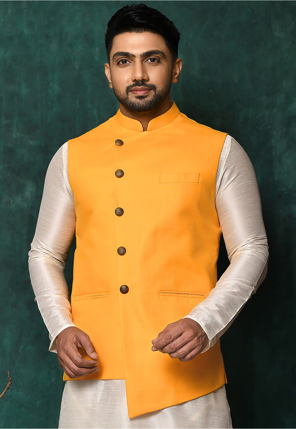 Buy Solid Color Asymmetric Cotton Nehru Jacket in Mustard Online ...