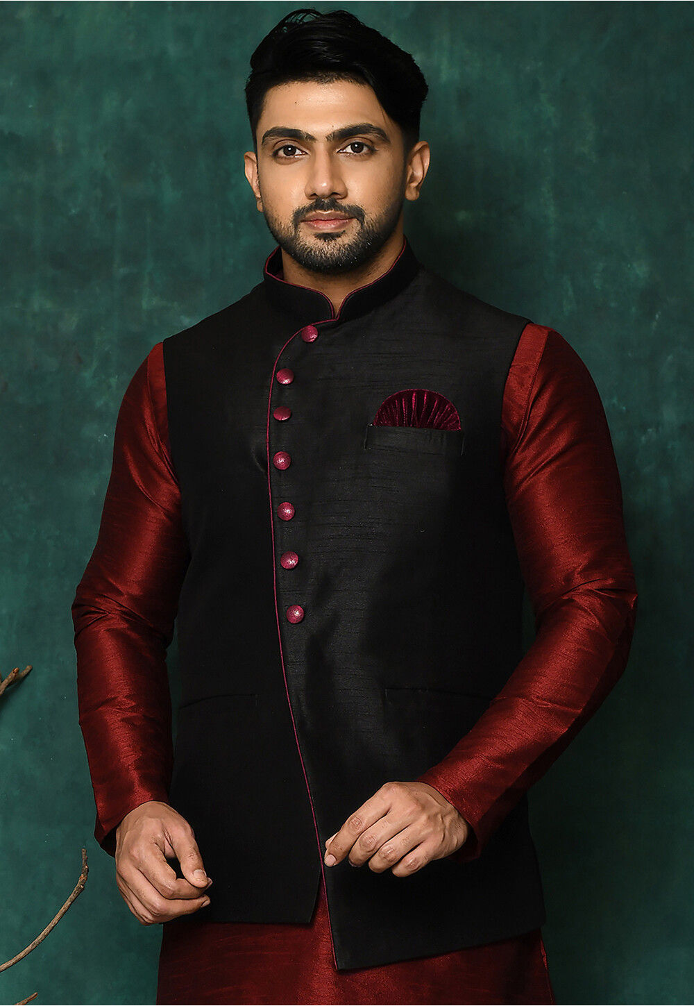Buy Solid Color Asymmetric Dupion Silk Nehru Jacket in Black Online ...