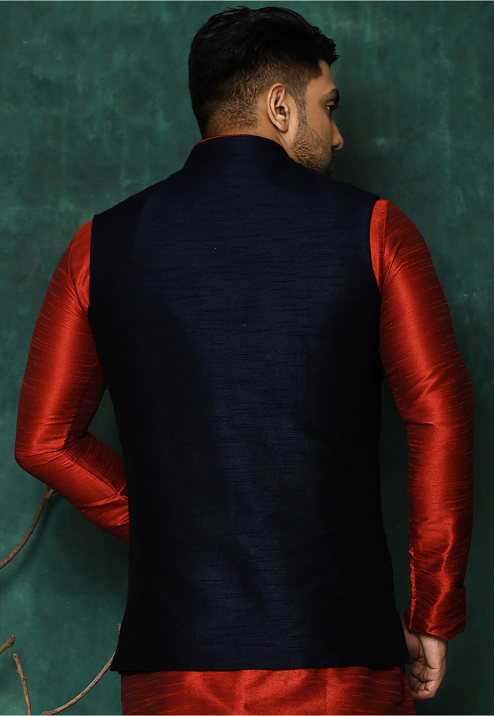 Buy Solid Color Asymmetric Dupion Silk Nehru Jacket in Navy Blue Online ...