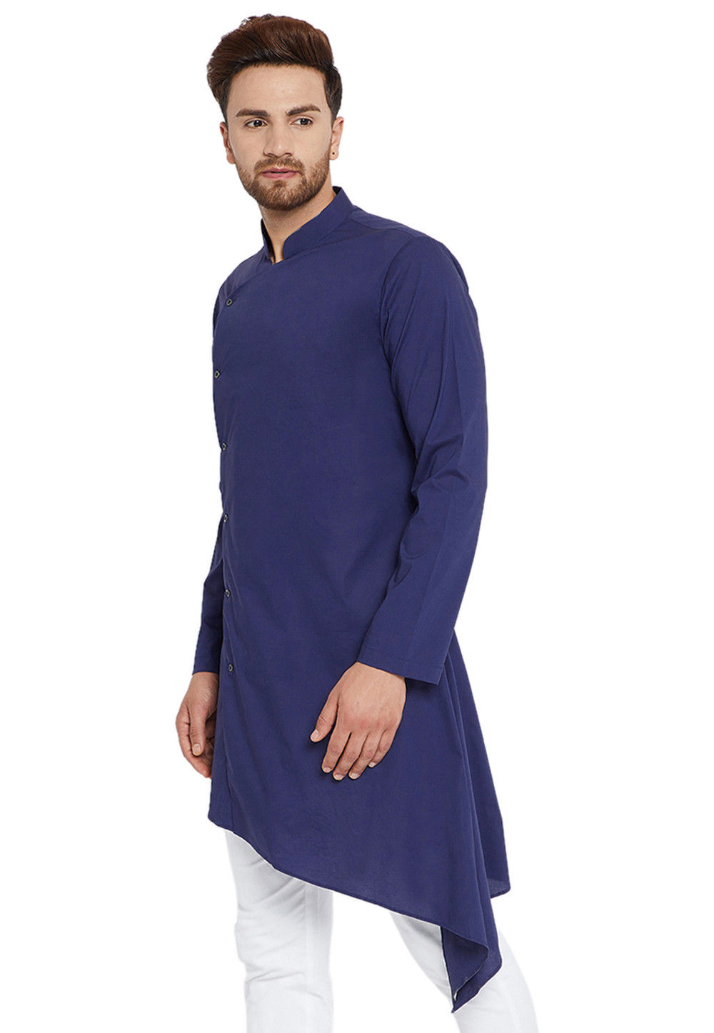 Buy Solid Color Cotton Asymmetric Kurta Set in Dark Blue Online ...