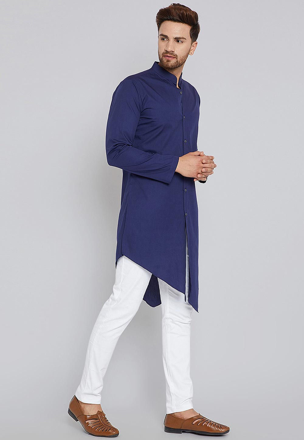 Solid Color Cotton Asymmetric Kurta Set in Navy Blue : MVE1998