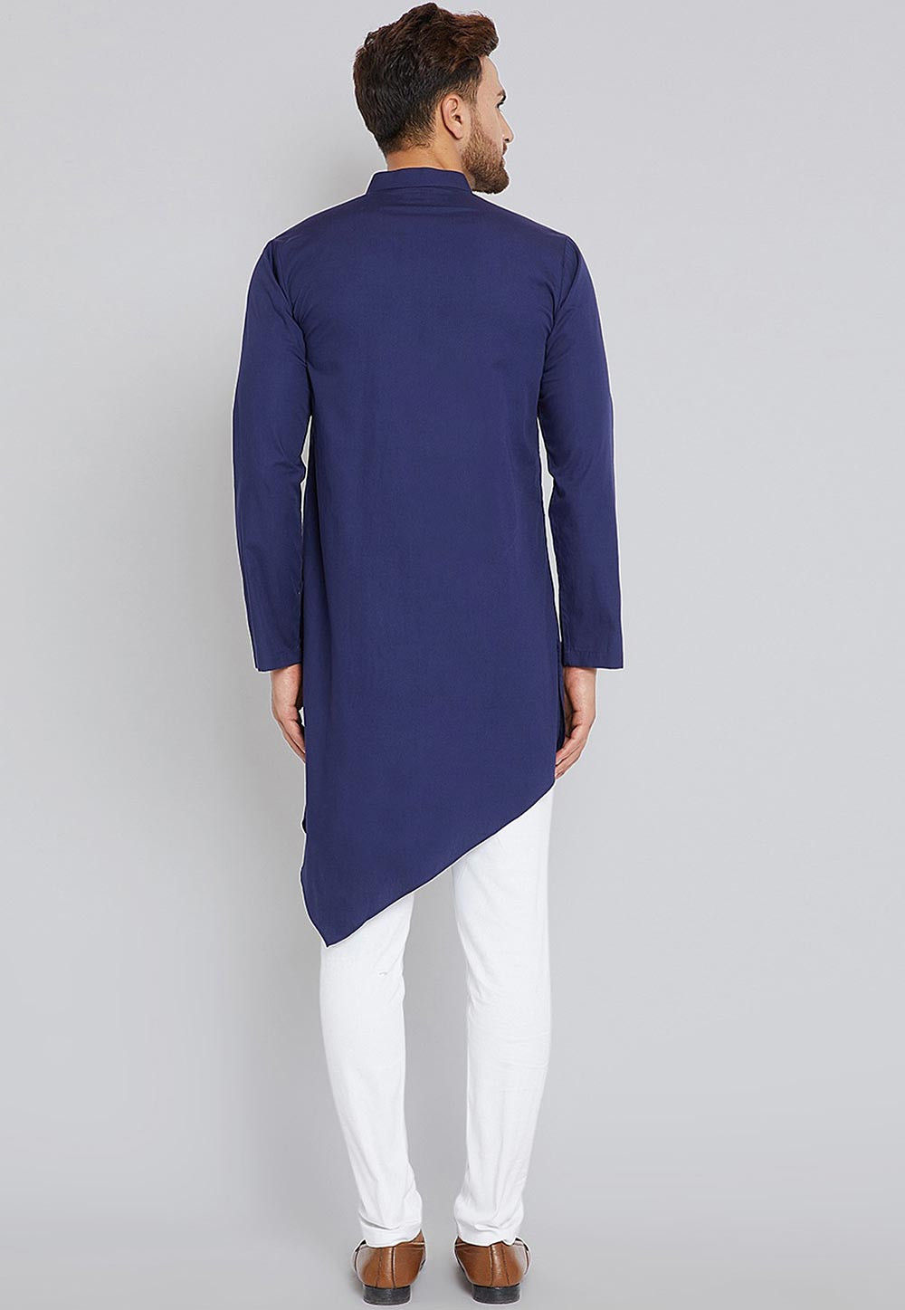 Solid Color Cotton Asymmetric Kurta Set in Navy Blue : MVE1998