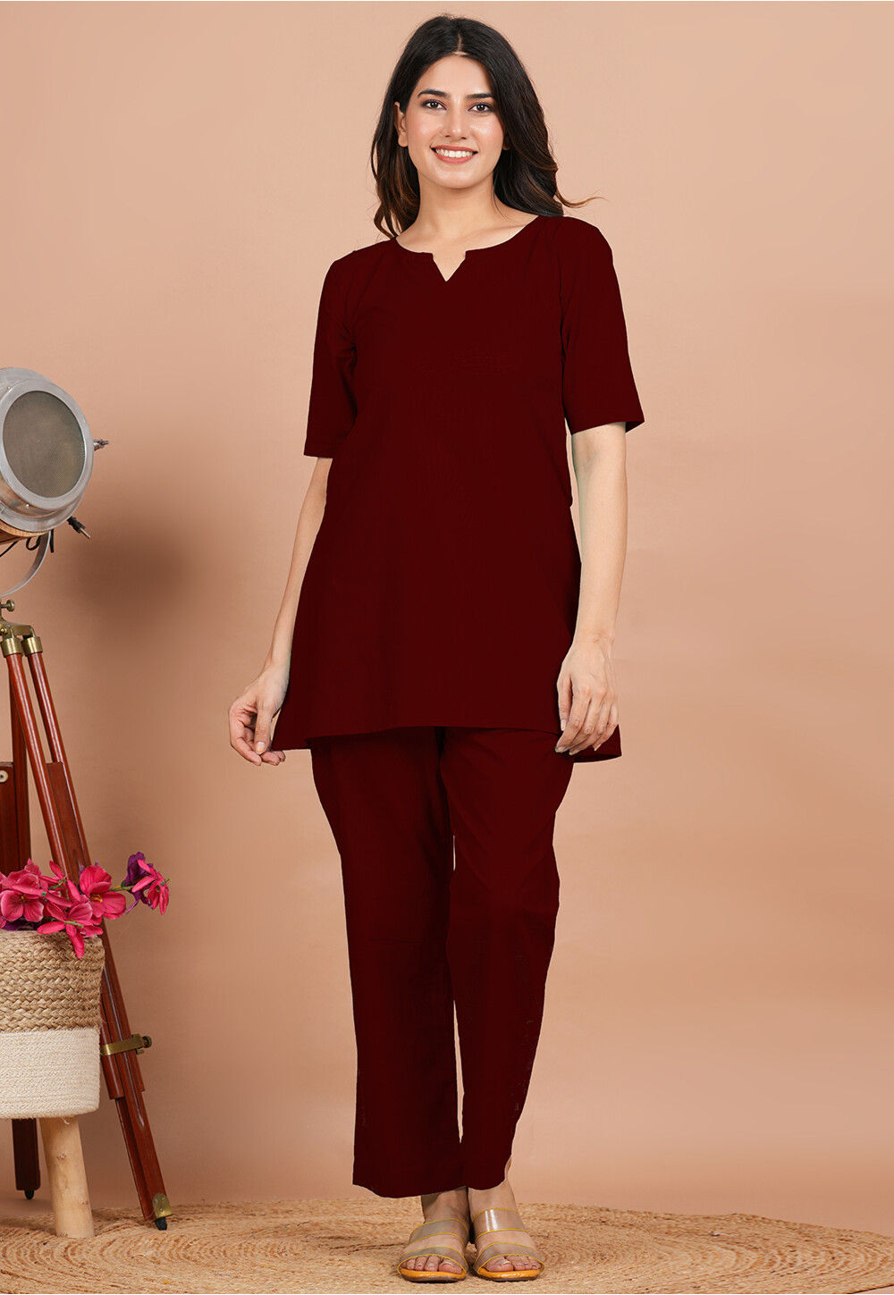 Buy Solid Color Cotton Co Ord Set in Maroon Online : TBQ812 - Utsav Fashion