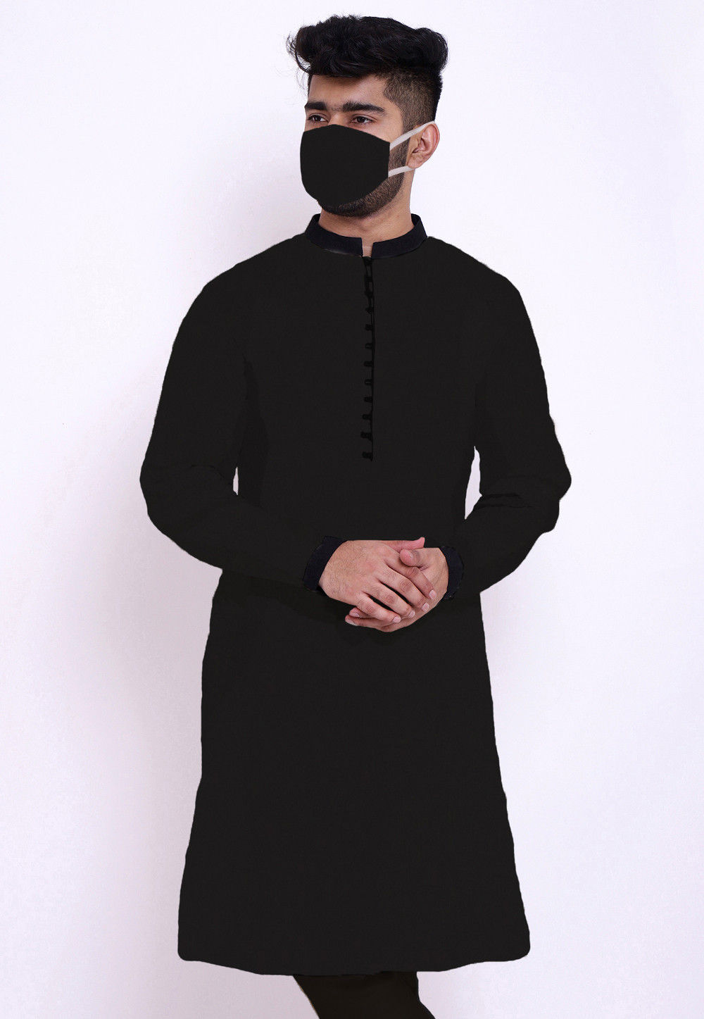 Buy Solid Color Cotton Kurta in Black Online : MTE473 - Utsav Fashion