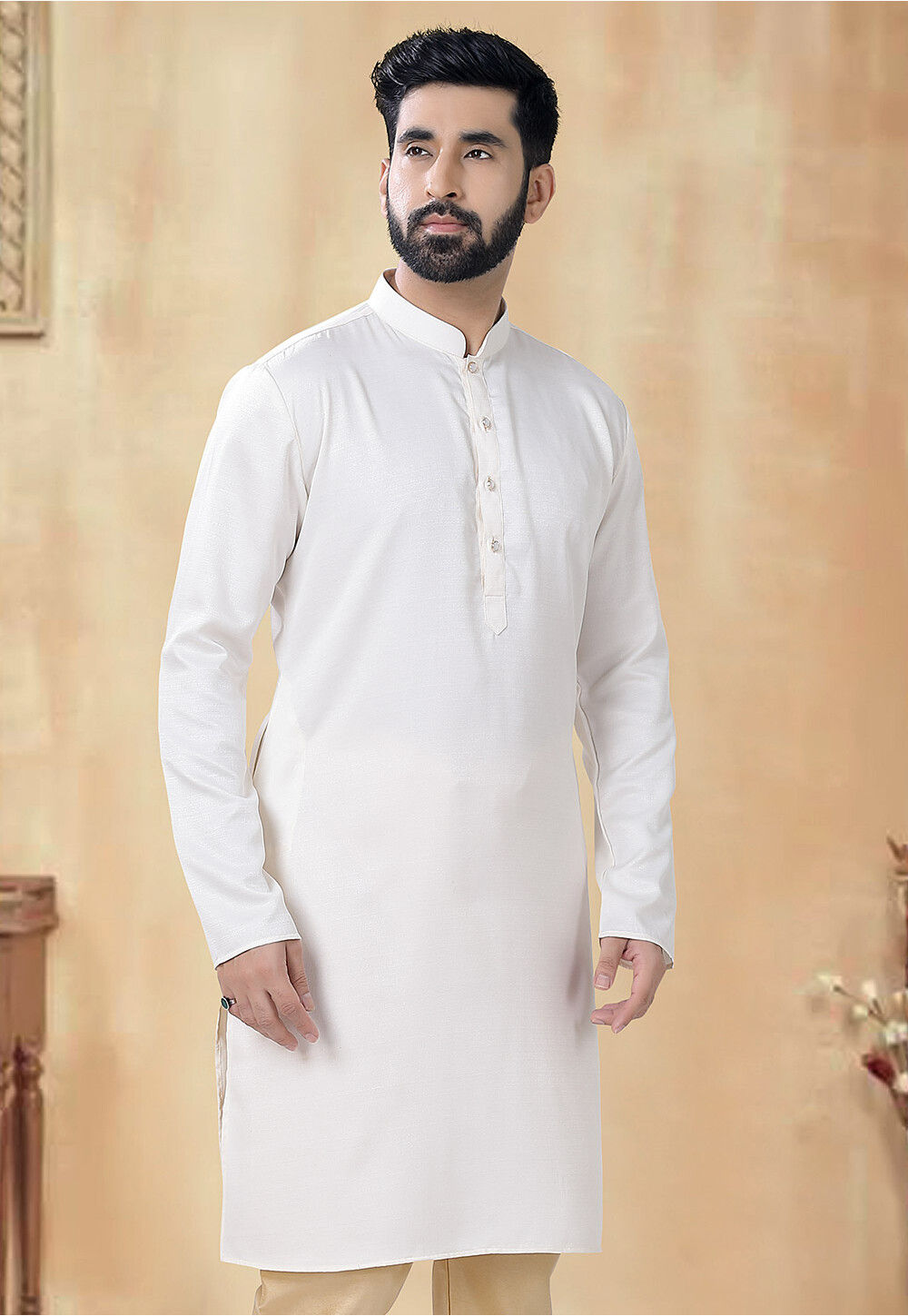 Buy Solid Color Cotton Kurta in Cream Online : MUY2033 - Utsav Fashion