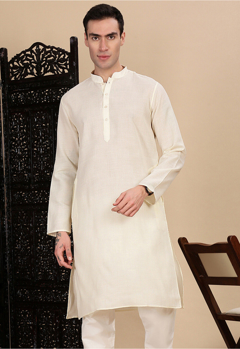 Buy Solid Color Cotton Kurta in Off White Online : MSF2785 - Utsav Fashion