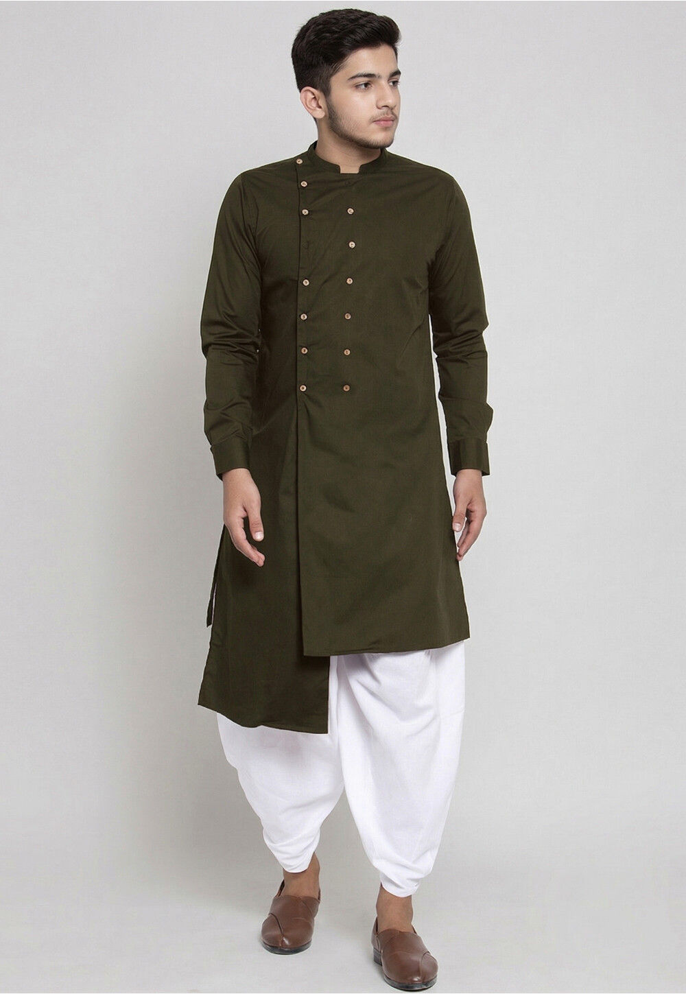Buy Solid Color Cotton Kurta in Olive Green Online : UGN303 - Utsav Fashion