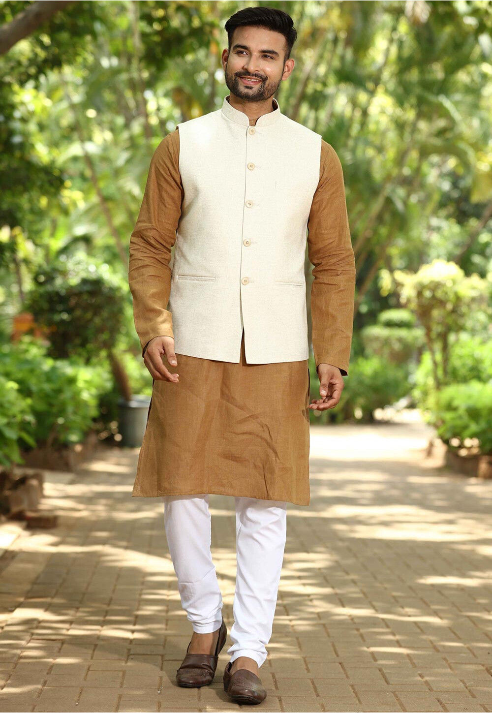 Buy Solid Color Cotton Linen Nehru Jacket in Cream Online : MSY66 ...