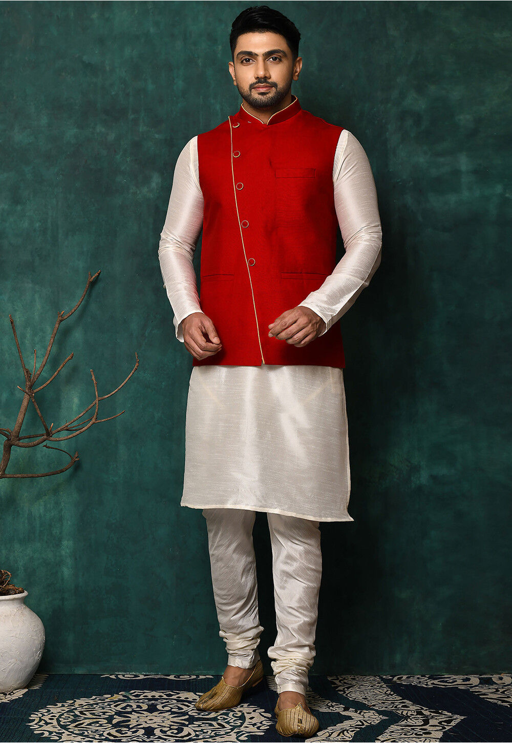 Buy Solid Color Cotton Nehru Jacket in Red Online : MLC2038 - Utsav Fashion