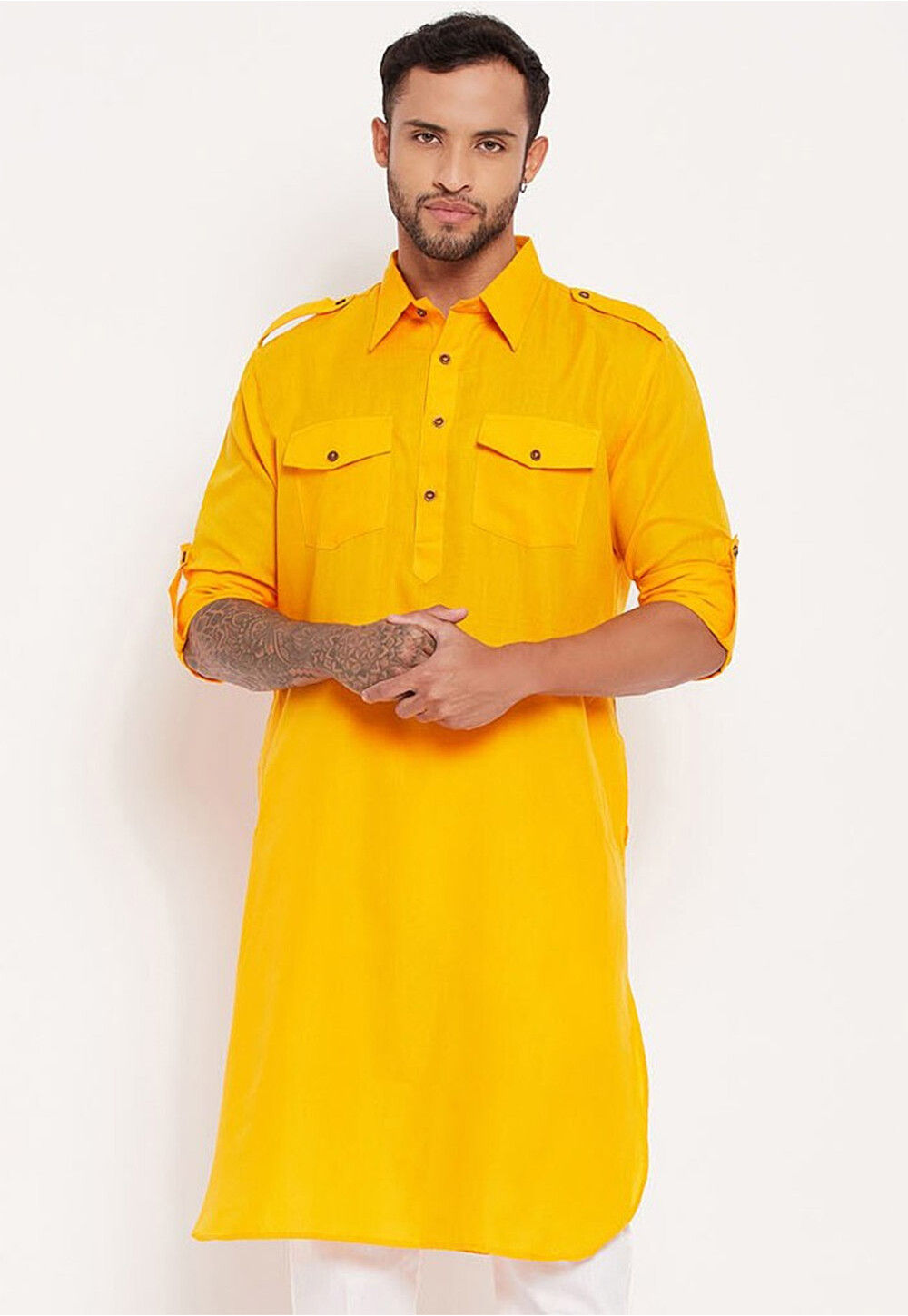 Buy Solid Color Cotton Pathani Kurta in Yellow Online : MVE3965 - Utsav ...