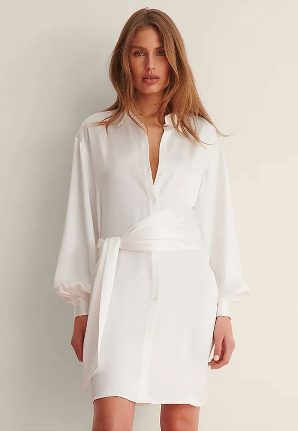 Buy Solid Color Cotton Satin Front Open Mini Dress in White Online ...