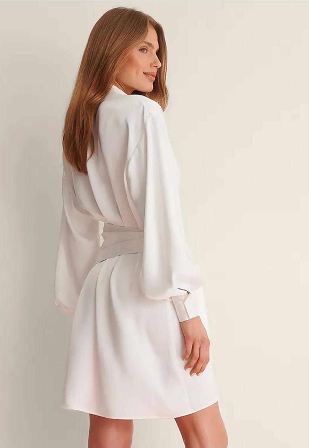 Buy Solid Color Cotton Satin Front Open Mini Dress in White Online ...