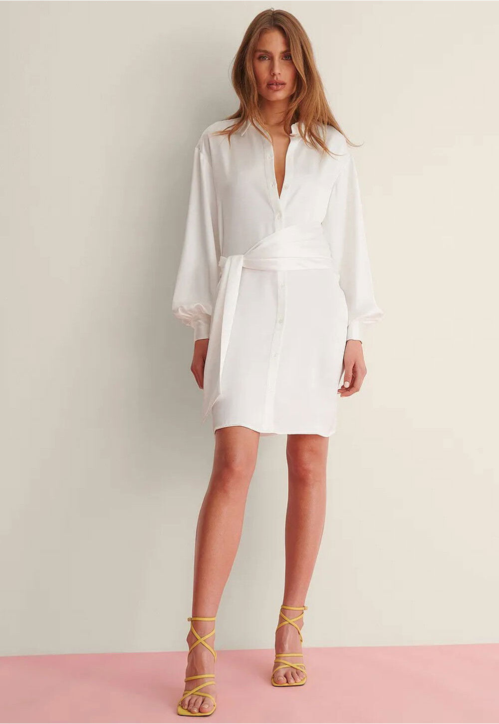 Buy Solid Color Cotton Satin Front Open Mini Dress in White Online ...