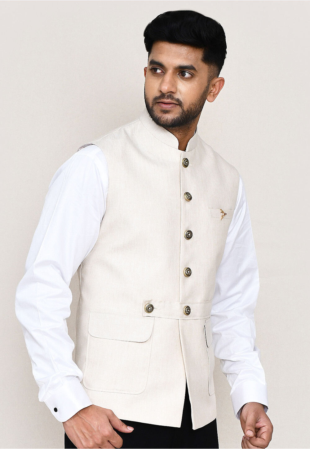Buy Solid Color Cotton Satin Nehru Jacket in Cream Online : MGZ39 ...