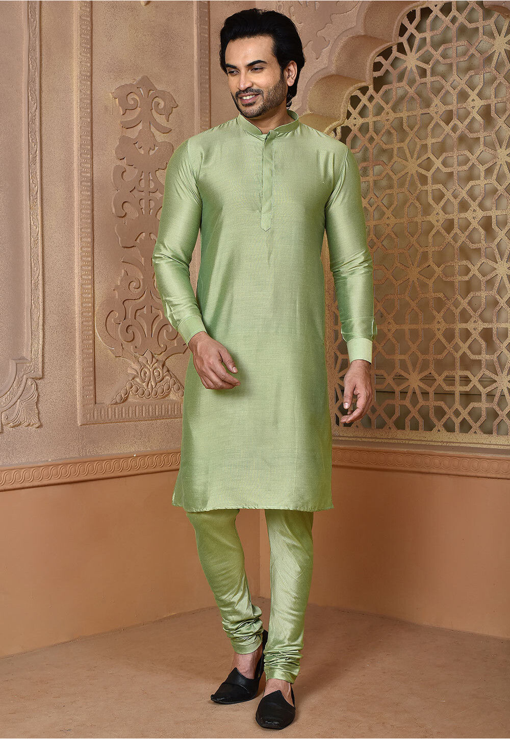 Buy Solid Color Cotton Silk Kurta Set in Pastel Green Online : MLC2246 ...