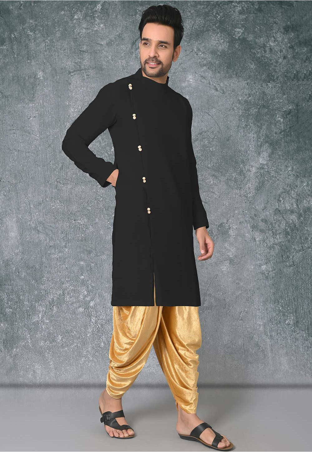 Buy Solid Color Cotton Silk Side Open Straight Kurta in Black Online ...