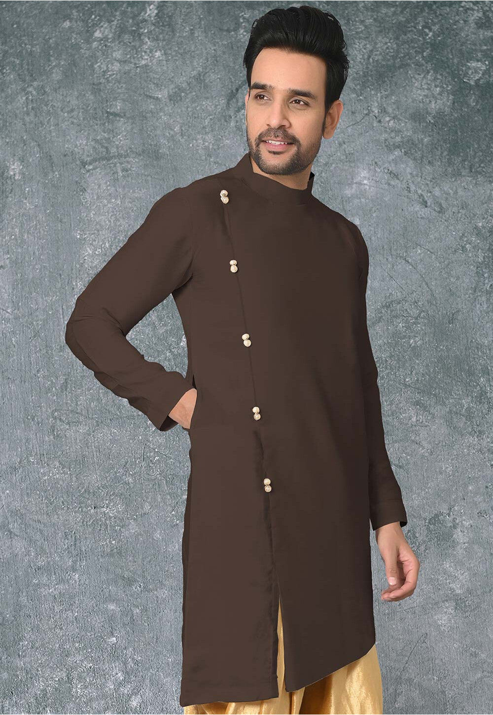 Buy Solid Color Cotton Silk Side Slit Asymmetric Kurta in Brown Online ...