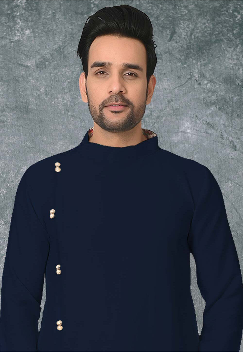 Buy Solid Color Cotton Silk Asymmetric Kurta in Navy Blue Online ...