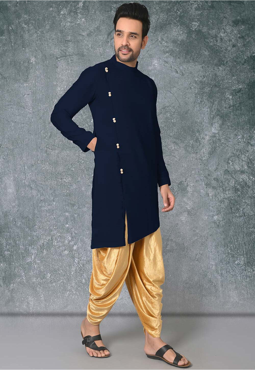 Buy Solid Color Cotton Silk Asymmetric Kurta in Navy Blue Online ...