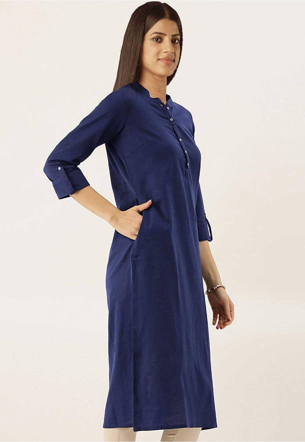 Buy Solid Color Cotton Straight Kurta in Navy Blue Online : TBN150 ...