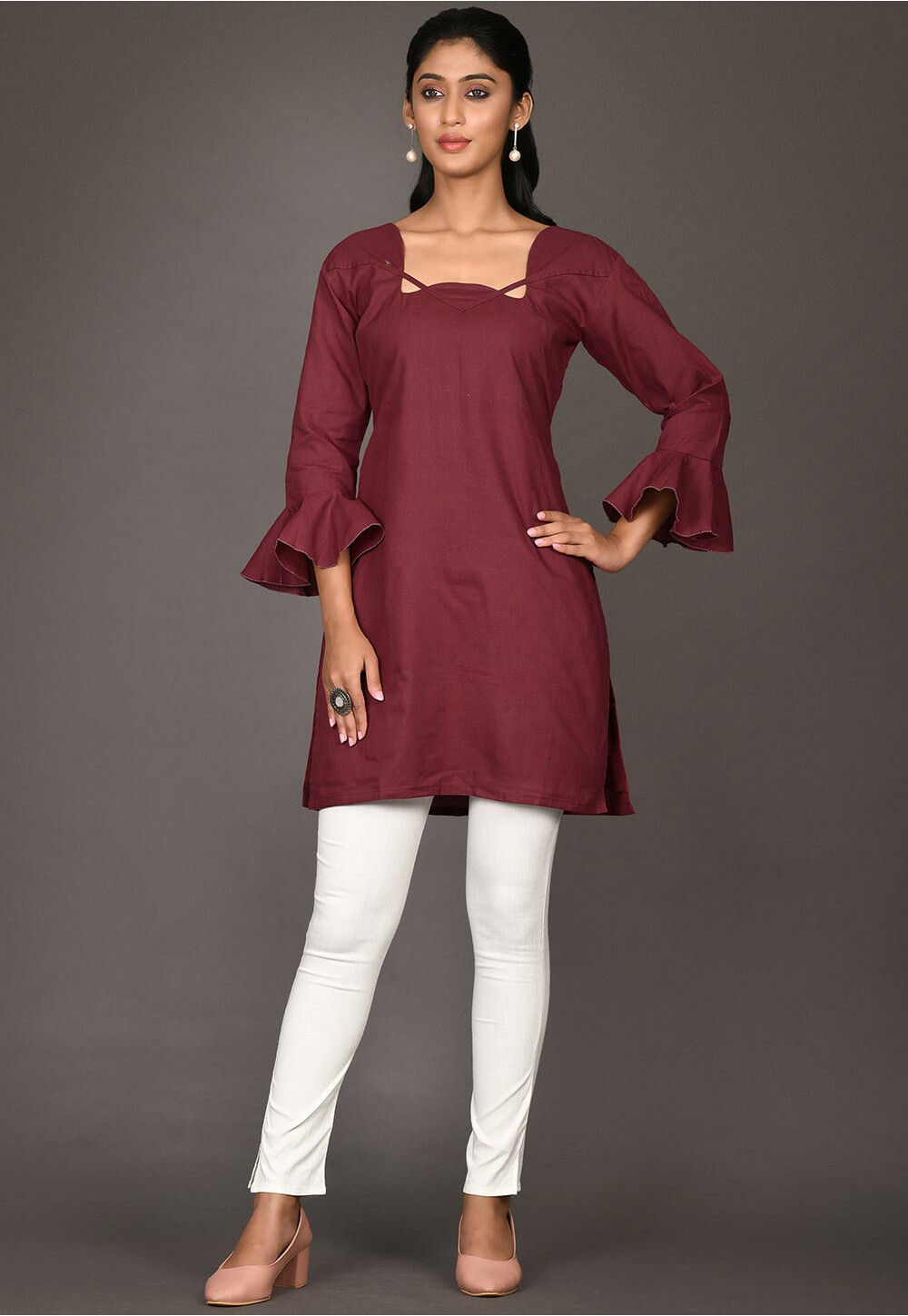 Buy Solid Color Cotton Tunic in Maroon Online : TUF1519 - Utsav Fashion