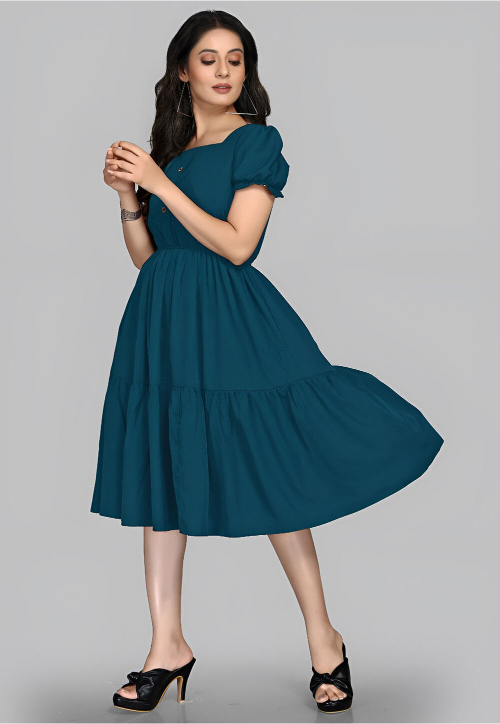Buy Solid Color Crepe Aline Dress in Teal Blue Online : TGW4340 - Utsav ...