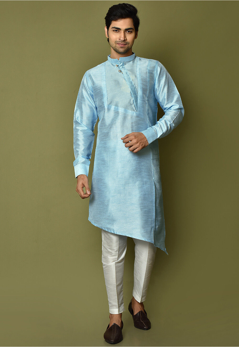 Buy Solid Color Dupion Silk Asymmetric Kurta Set in Light Blue Online ...