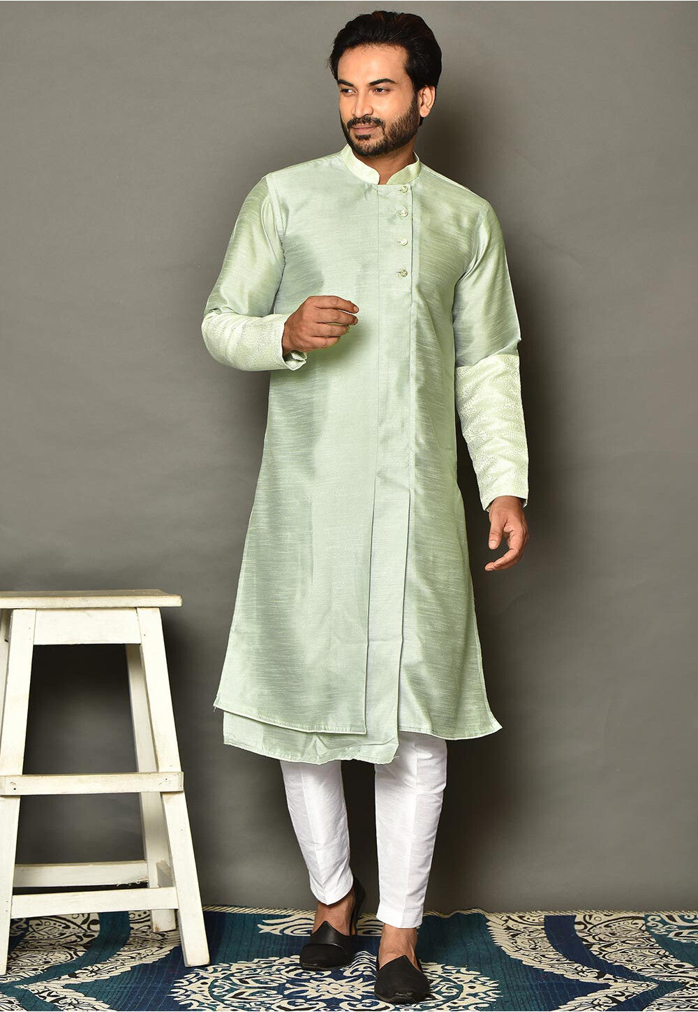 Buy Solid Color Dupion Silk Asymmetric Kurta Set in Pastel Green Online ...
