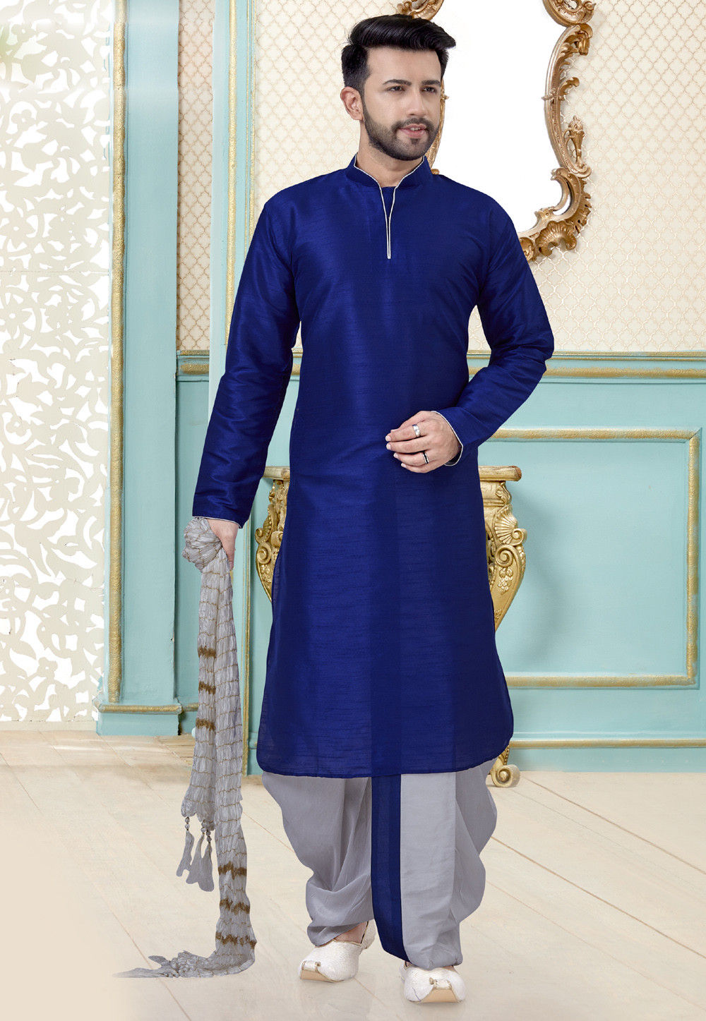 Solid Color Dupion Silk Dhoti Kurta in Royal Blue : MMQ768